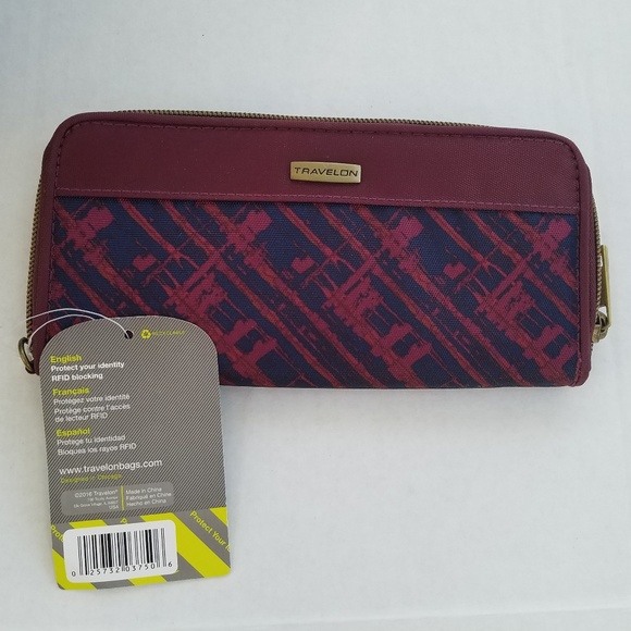 Travelon | Bags | Travelon Burgundy Blue Rfid Proctection Wallet | Poshmark